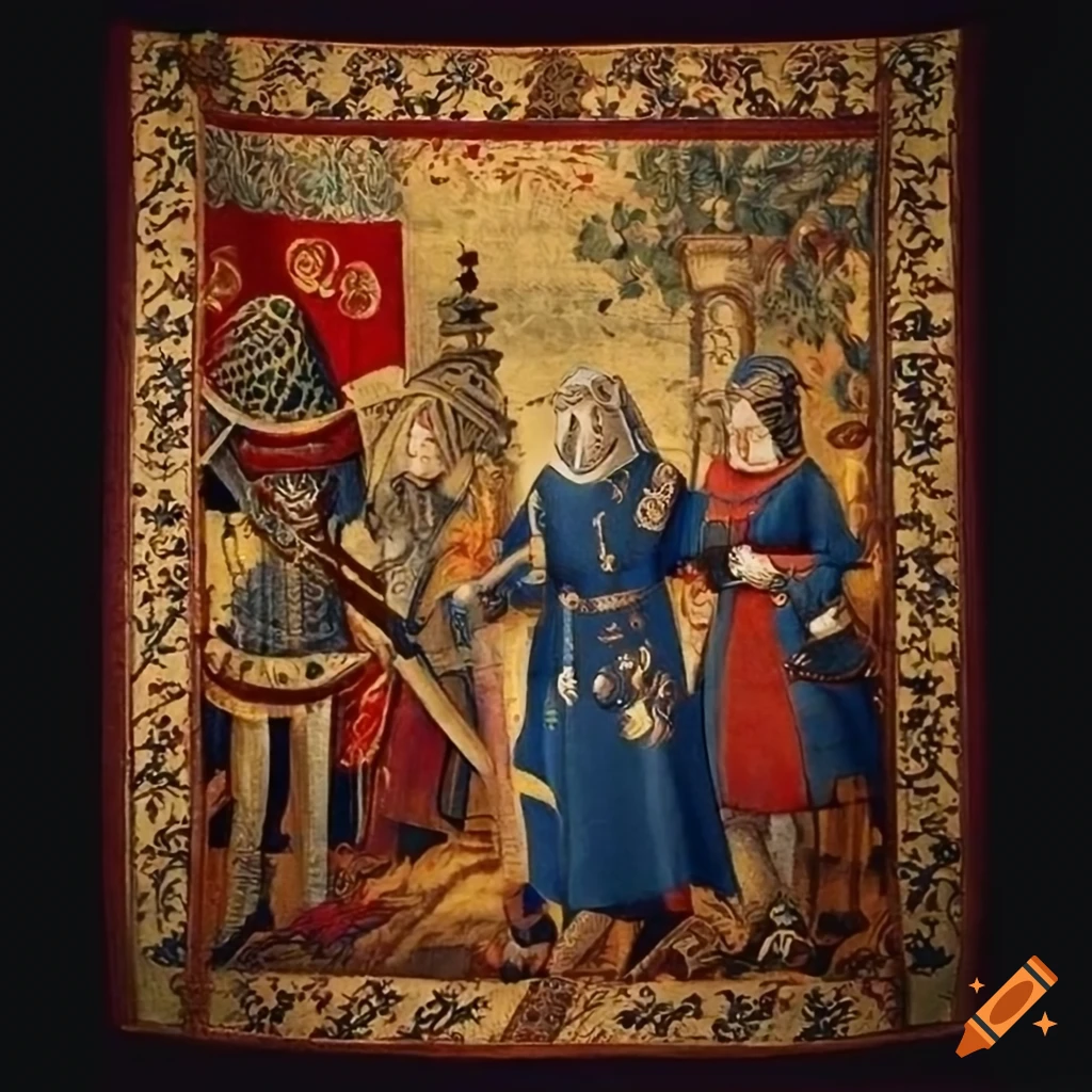 Medieval tapestry featuring a knight on Craiyon