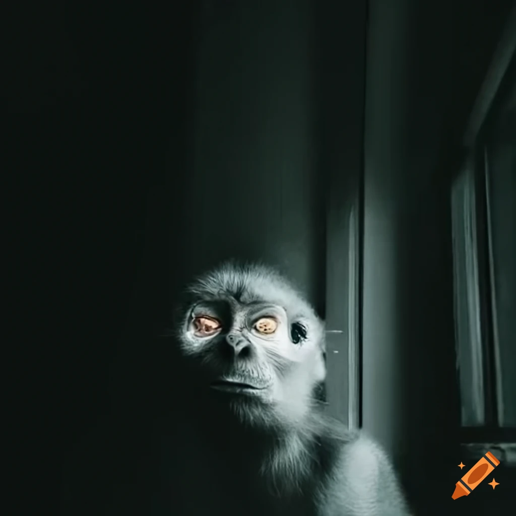 Curious monkey with big eyes peering from a house window in a dark ...