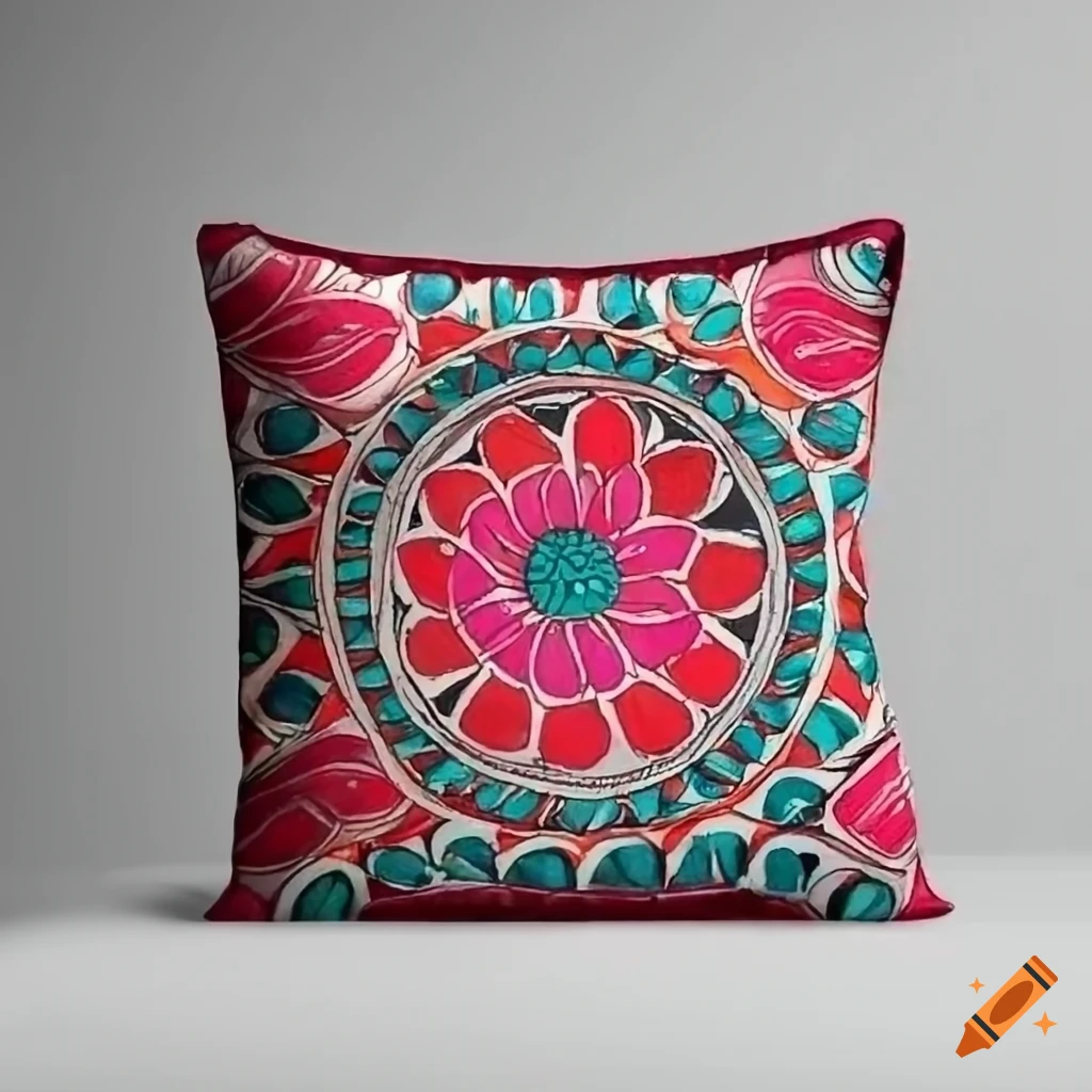 Madhubani lotus print cushion cover design on Craiyon