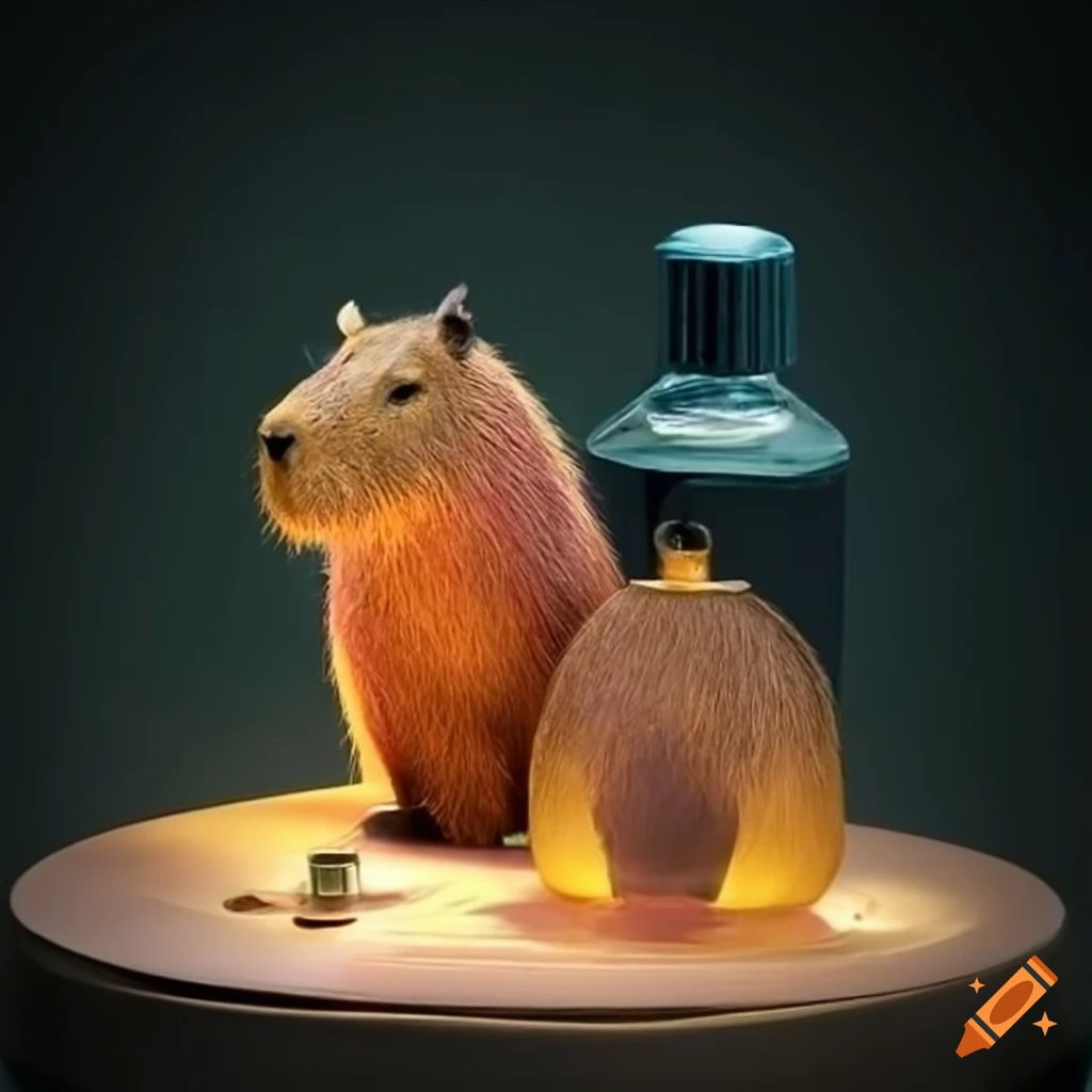 Capybara surrounded by perfume bottles on Craiyon