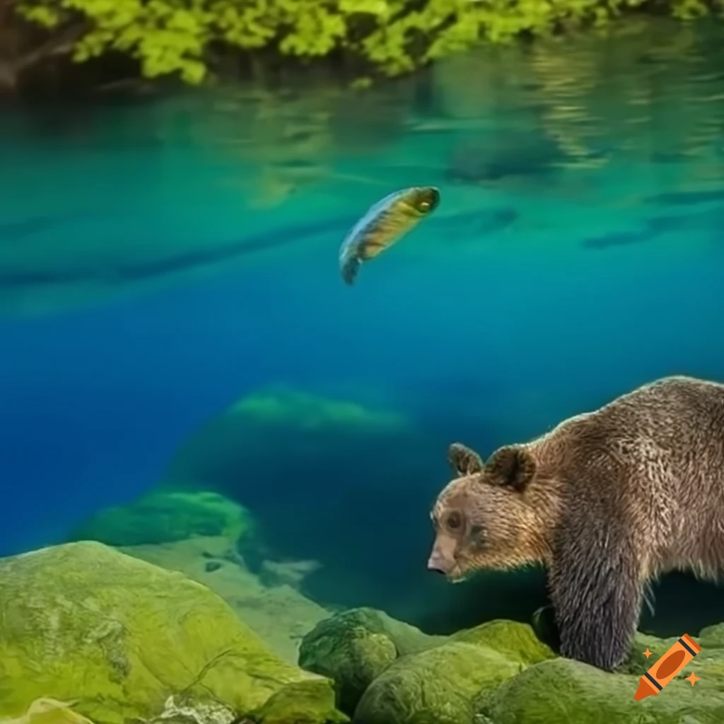 Bear in the forest by a blue river catching small fish on Craiyon