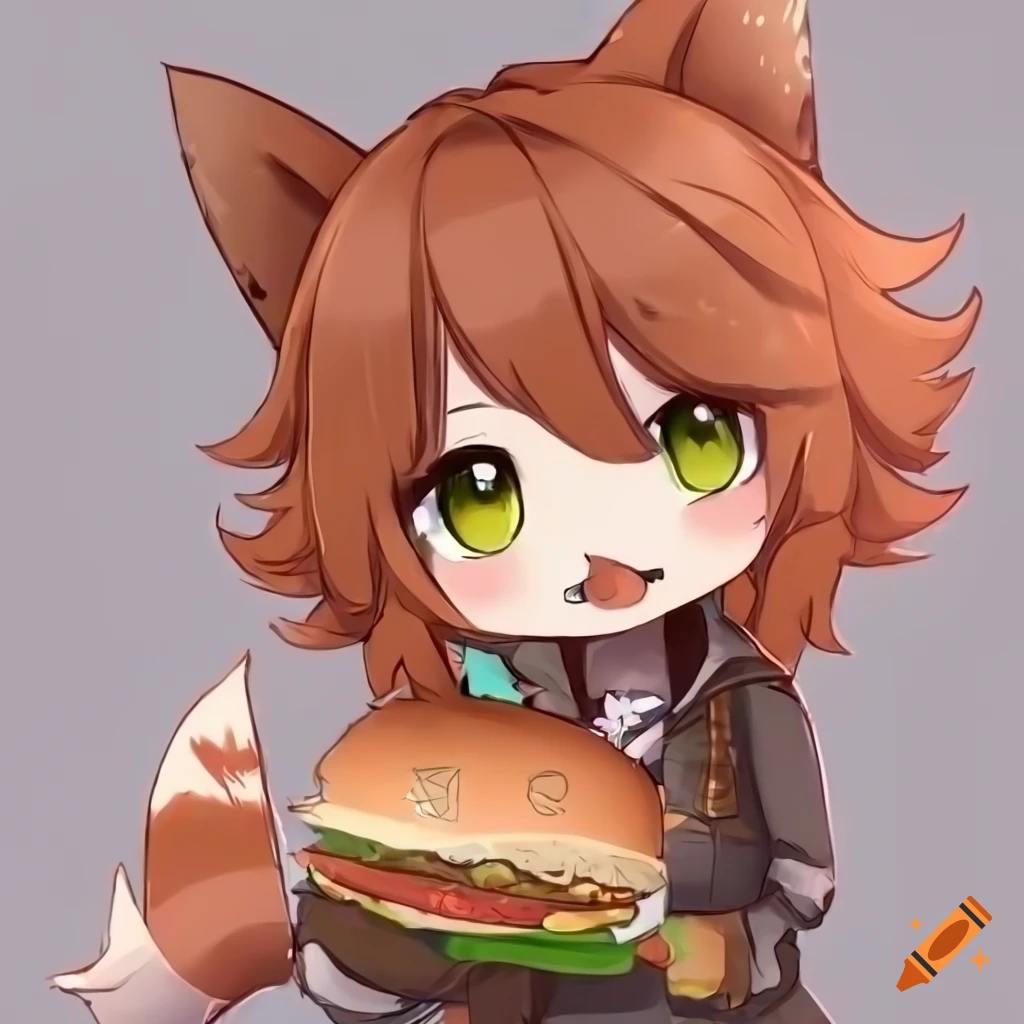 Redhaired raccoon chibi VTuber eating a burger on Craiyon