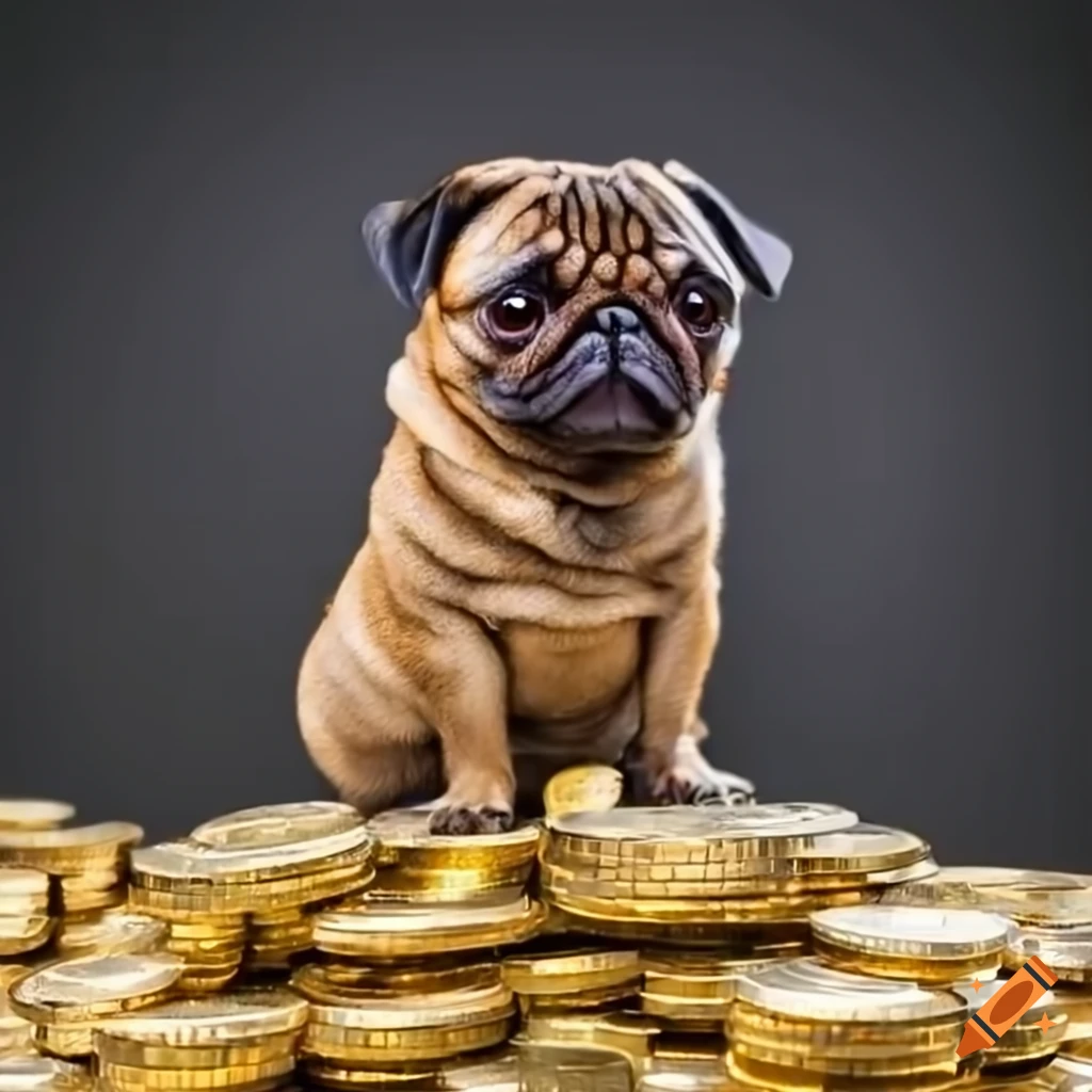 Adorable brown pug sitting on shiny gold coins on Craiyon