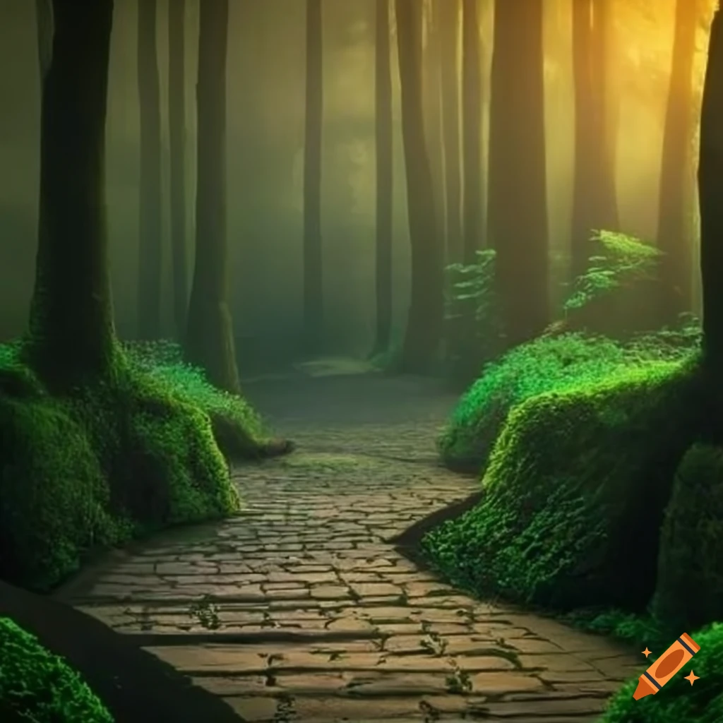 Small moat leading along a path through an early evening enchanted ...