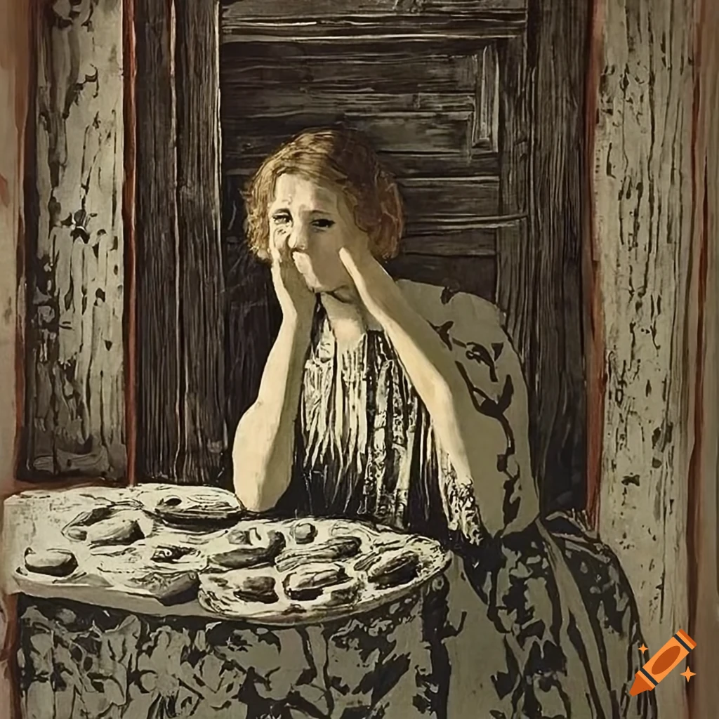 Sad woman in floral gown with granite stones in old Finnish farm house ...