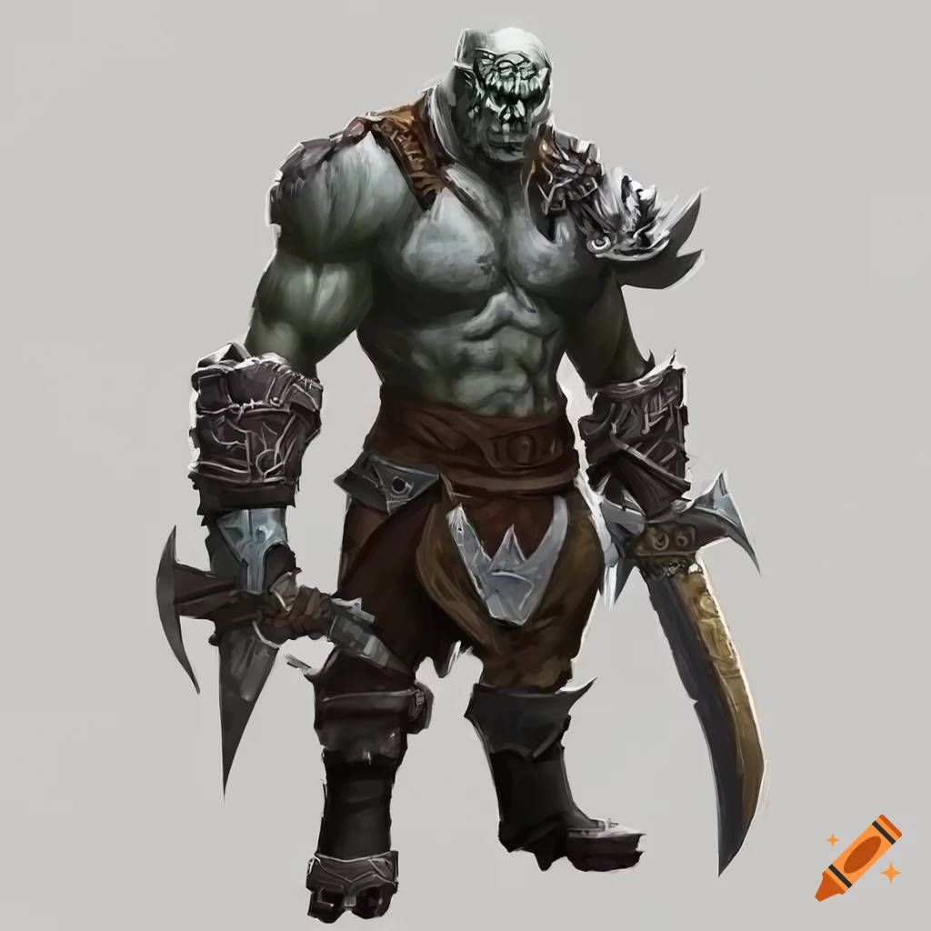 Powerful weapon-wielding white warrior orc in dark fantasy attire on ...