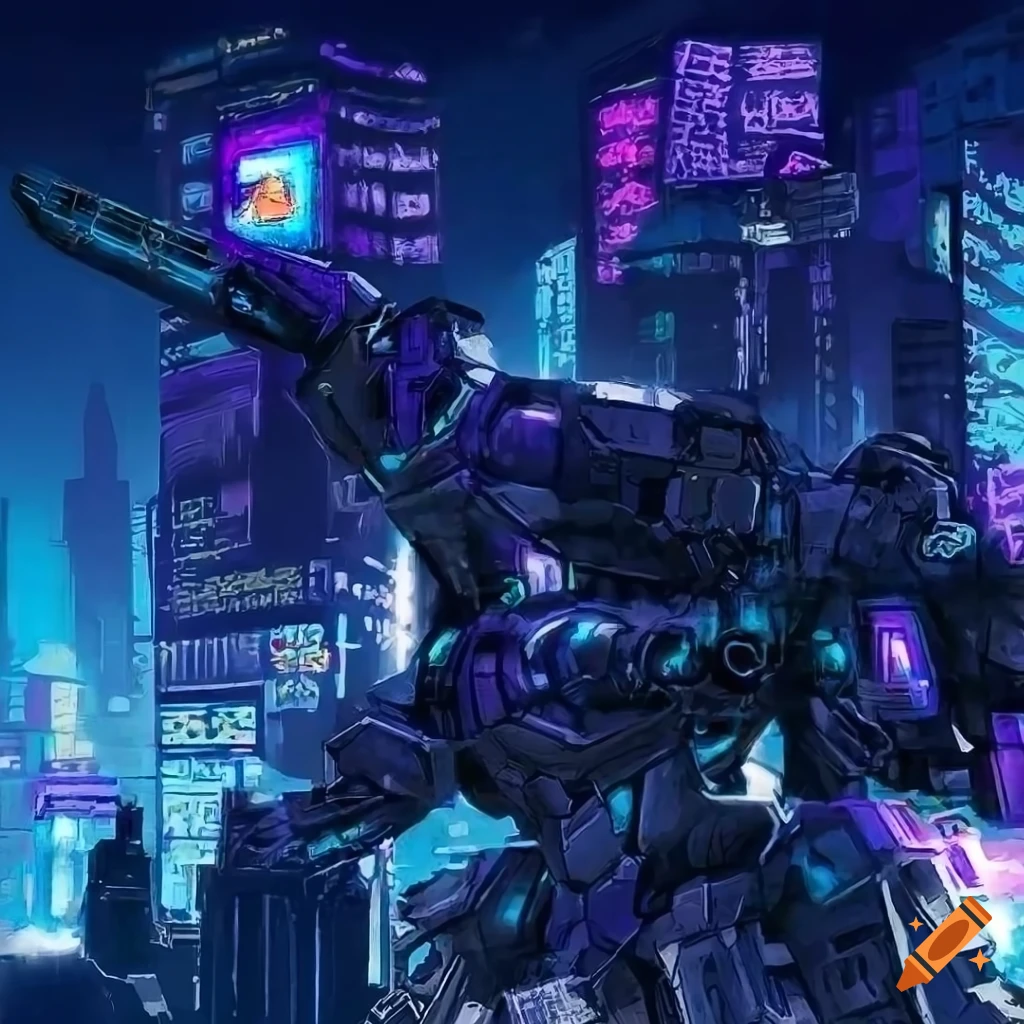 Mecha japanese retrofuturism in front of a massive cyberpunk neon city ...
