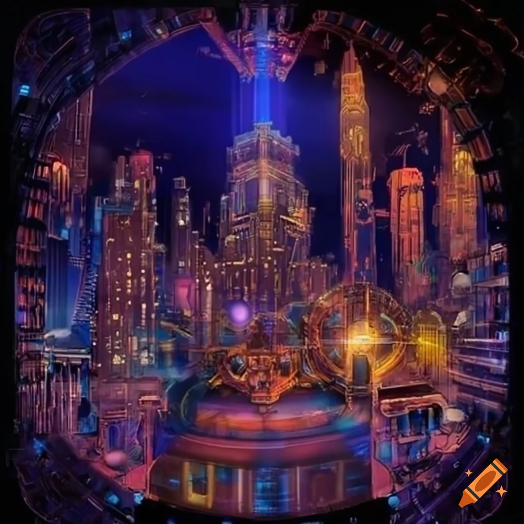 Vibrant steampunk city with towering clockwork skyscrapers on Craiyon