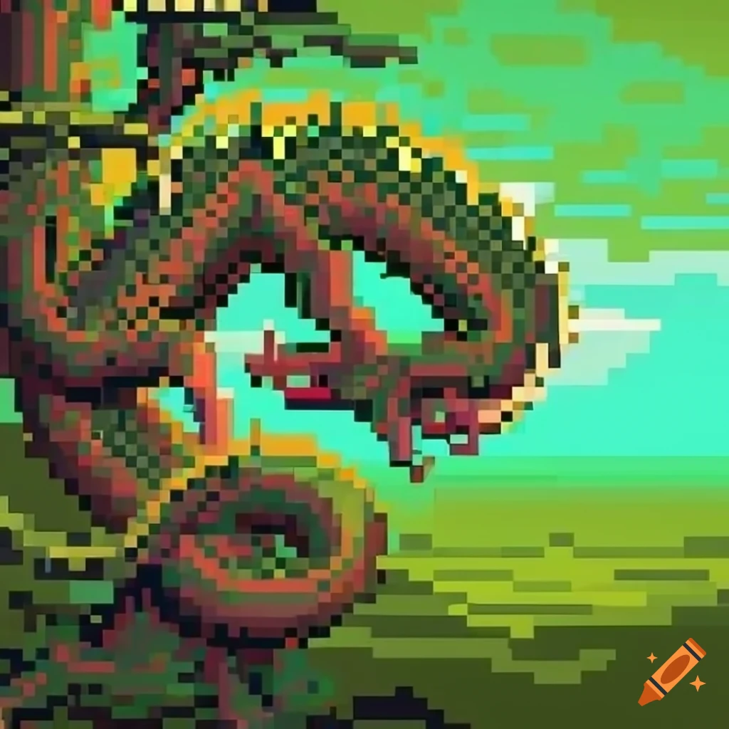 Intricate pixel artwork of a japanese-style dragon in a green landscape ...