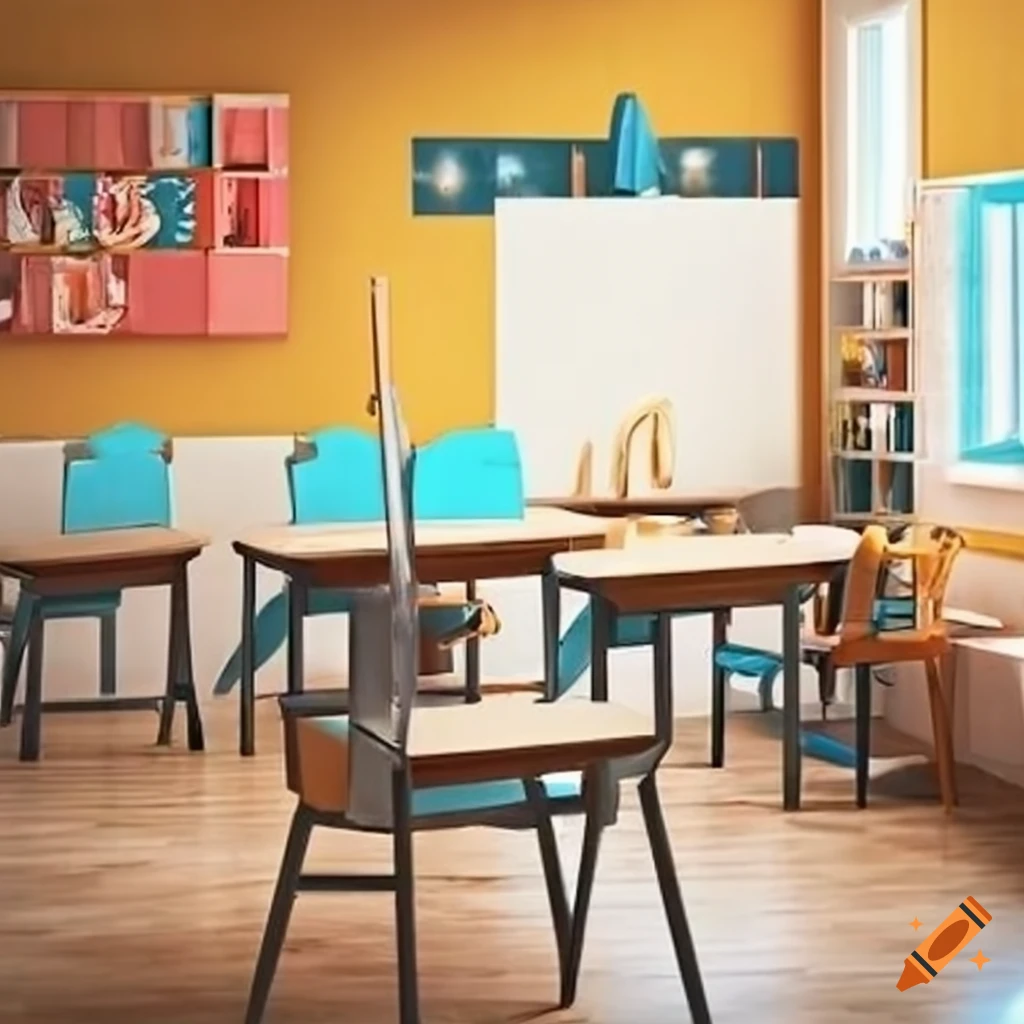 Classroom with chairs stacked on tables on Craiyon