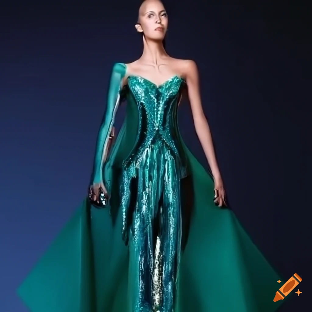 Futuristic evening gown with metal spikes at the hips on Craiyon