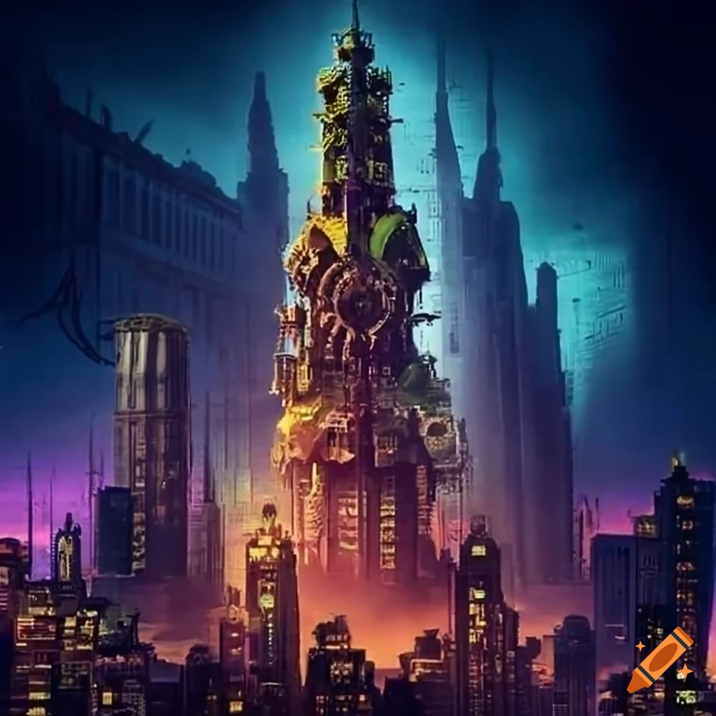 Vibrant steampunk city with towering clockwork skyscrapers on Craiyon