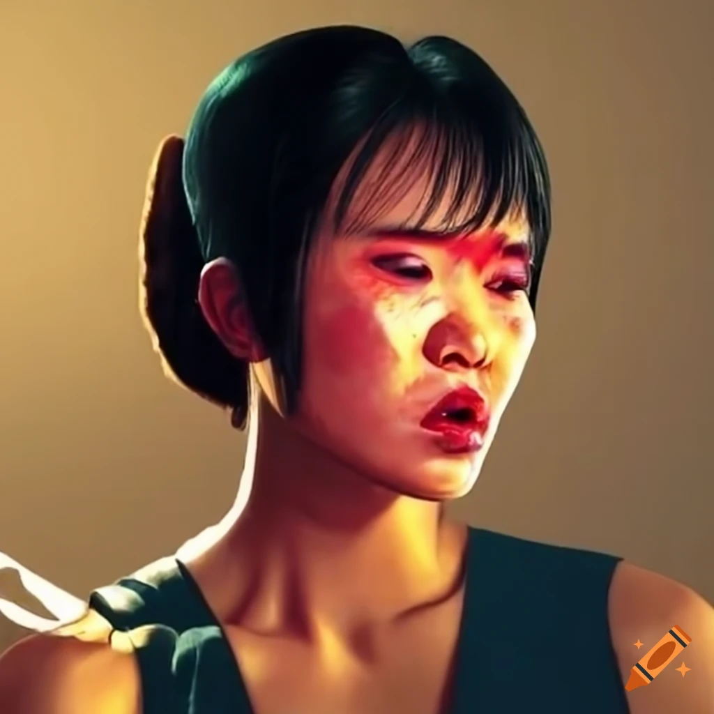 Asian kungfu woman fighter with spinning head and dizzy expression on ...