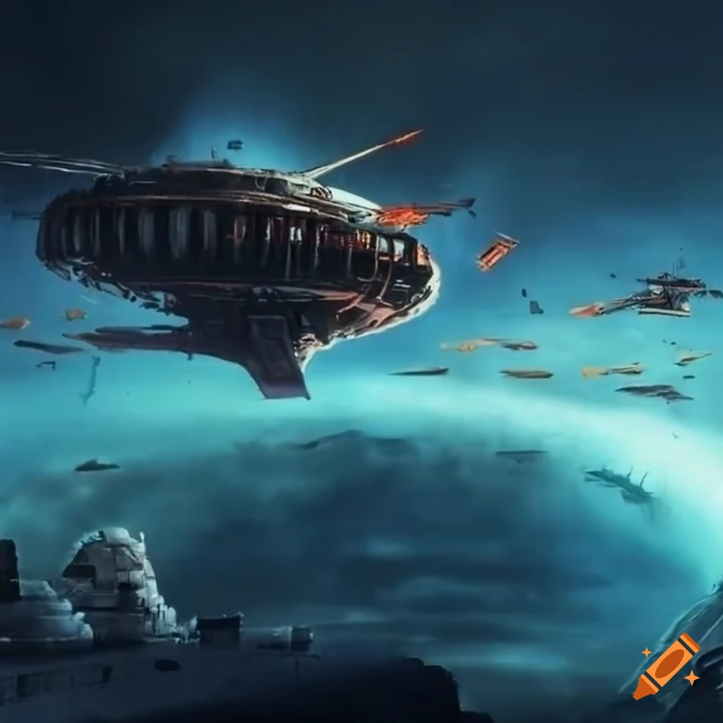 Sci-fi scene from classic German novel with flying zeppelins and ...