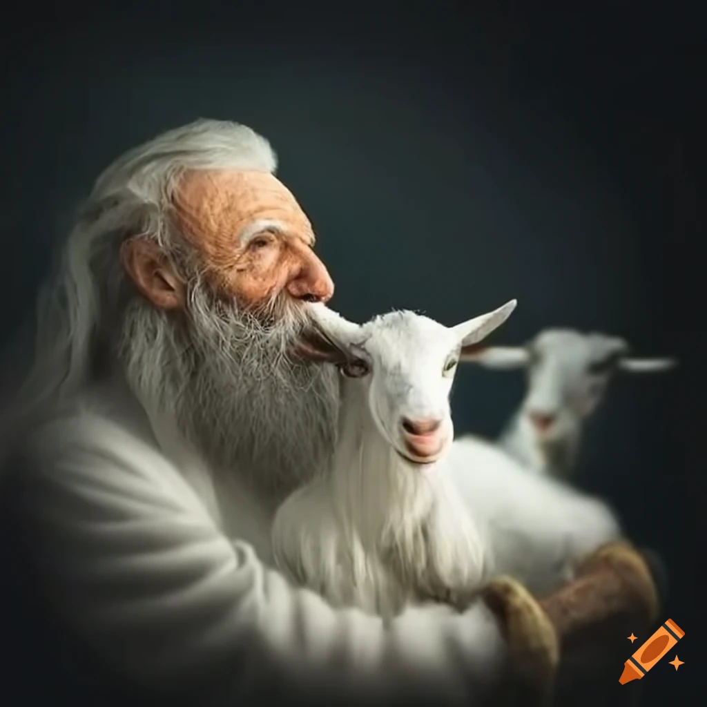 Old man in white robes with a goat sitting in an airplane window on Craiyon