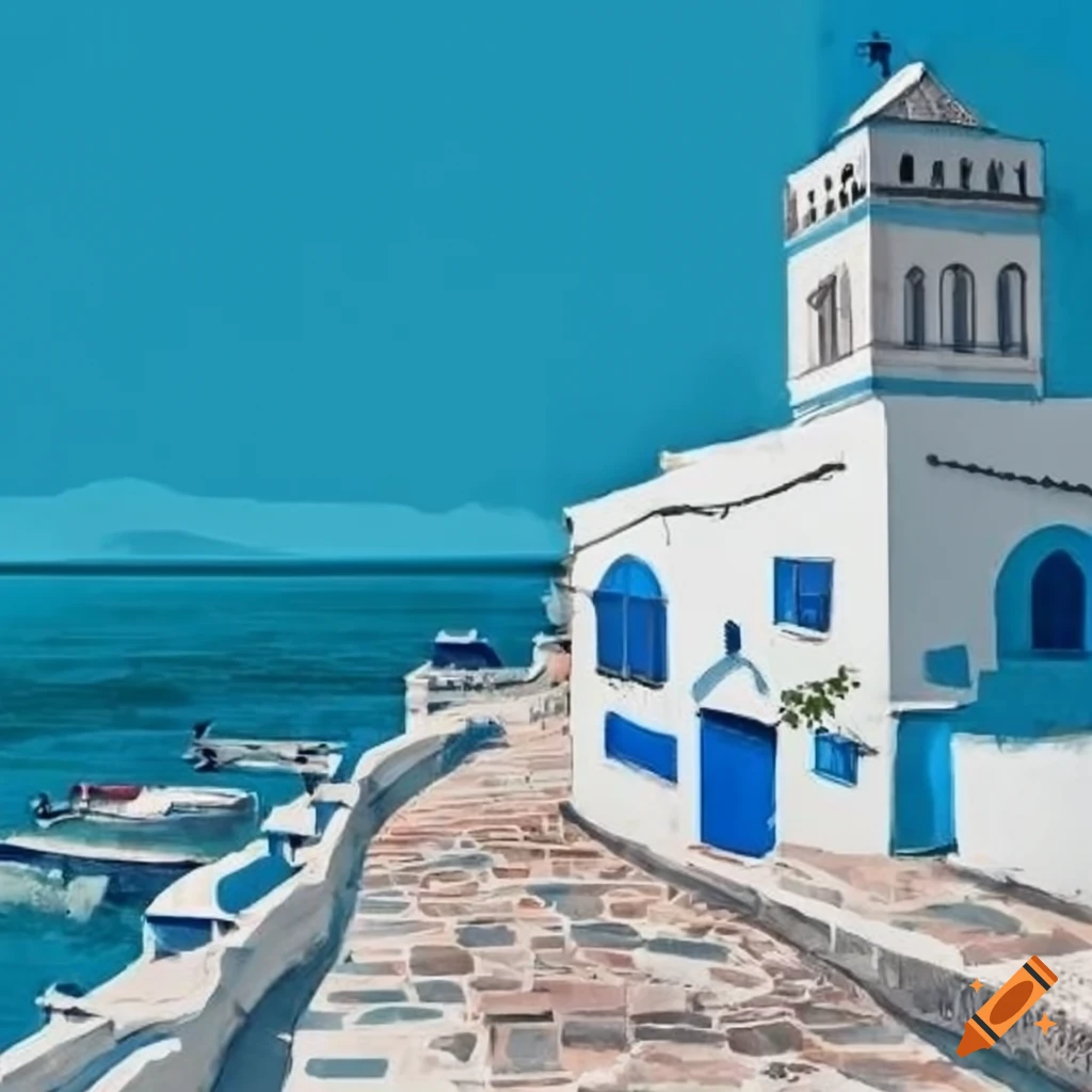 Realistic image of the tunisian city sidi bou said in blue and white ...