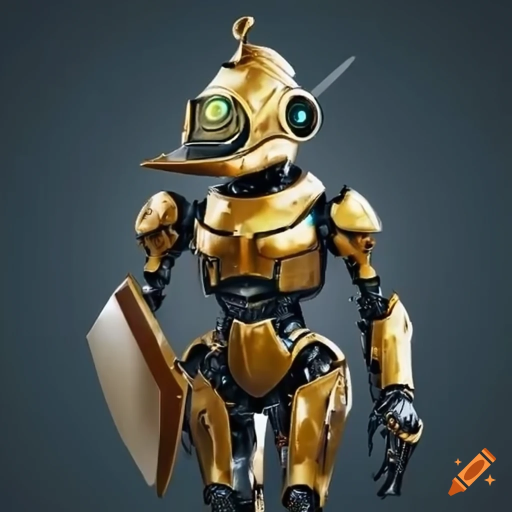 Cyber robotic duck knight with a gold shield on Craiyon