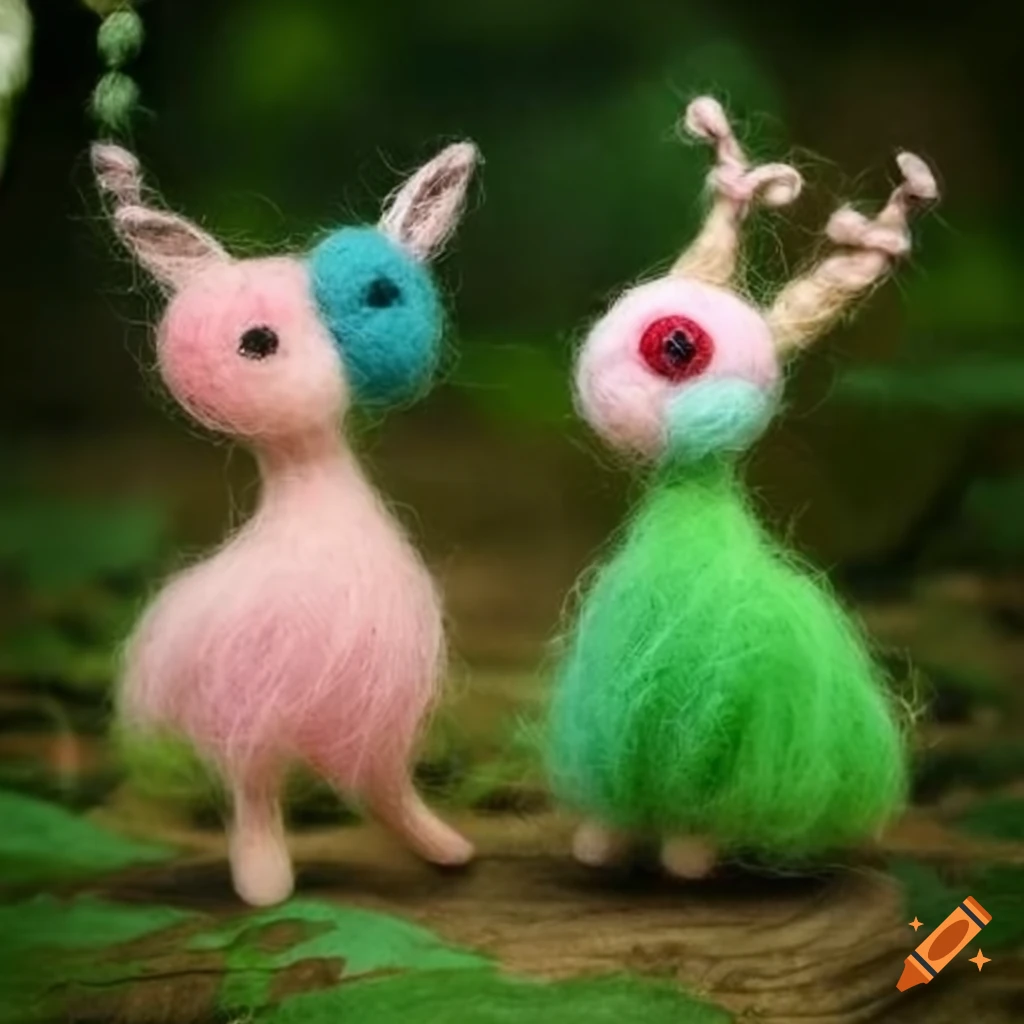 Felted wool dream creatures dancing in an enchanted wood on Craiyon