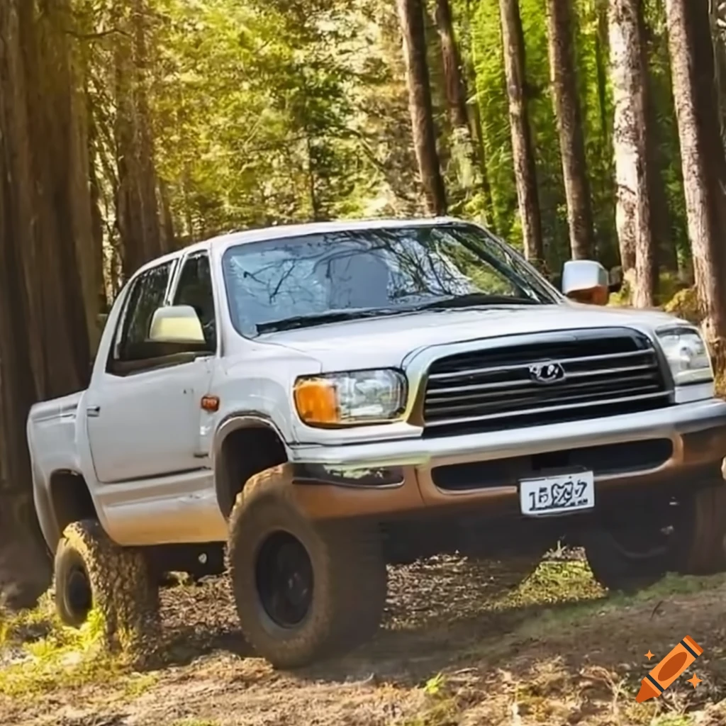 White 2000 toyota tundra 4x4 in a forest with sunshine on Craiyon