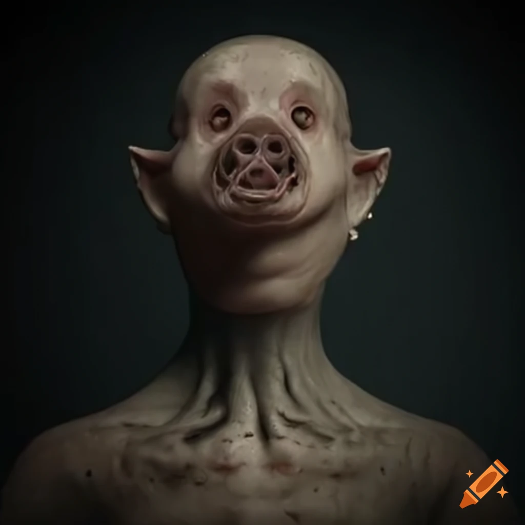 Unique and otherworldly humanoid with a slimy and pig-like face on Craiyon