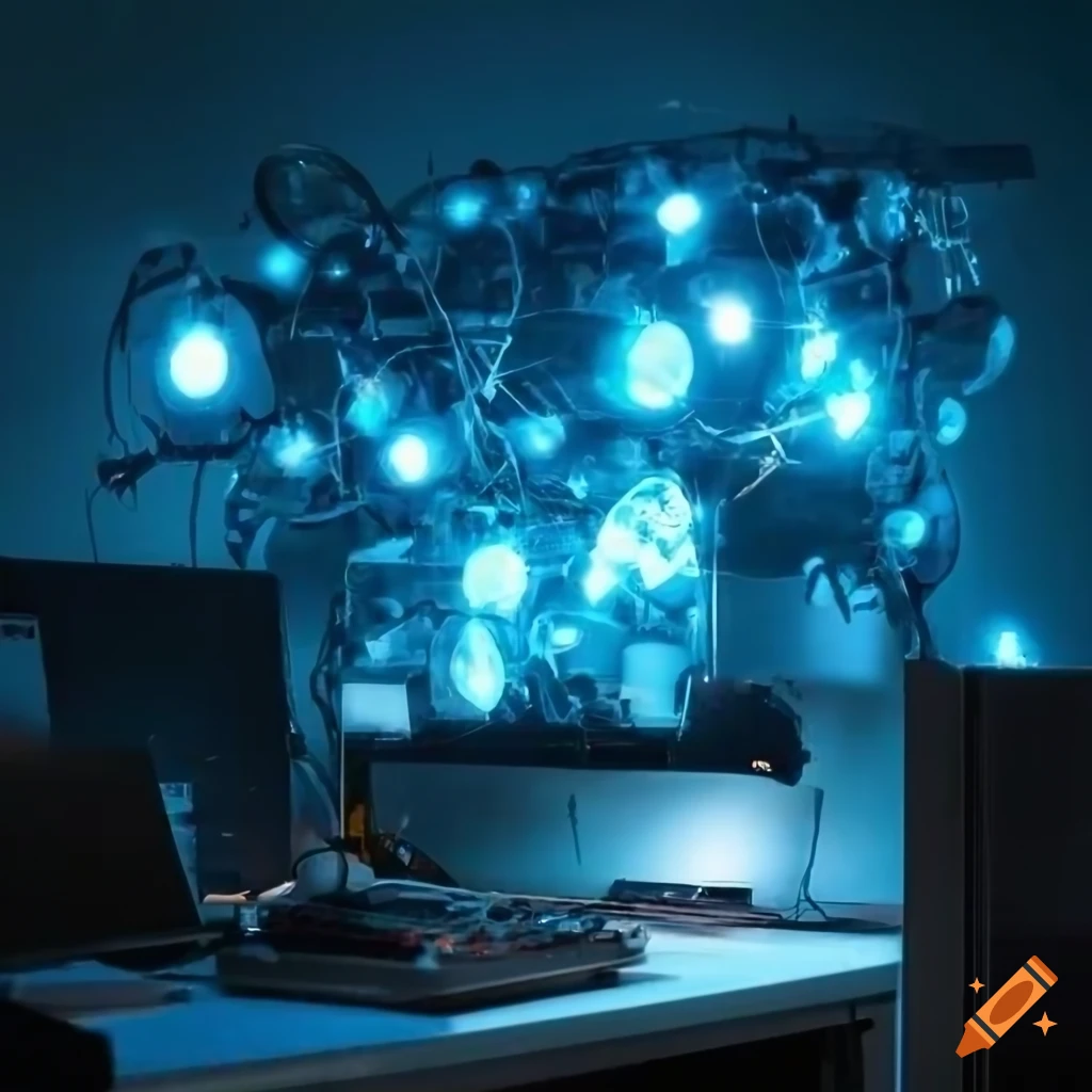Engineer working on a computer in dramatic lighting with equipment ...
