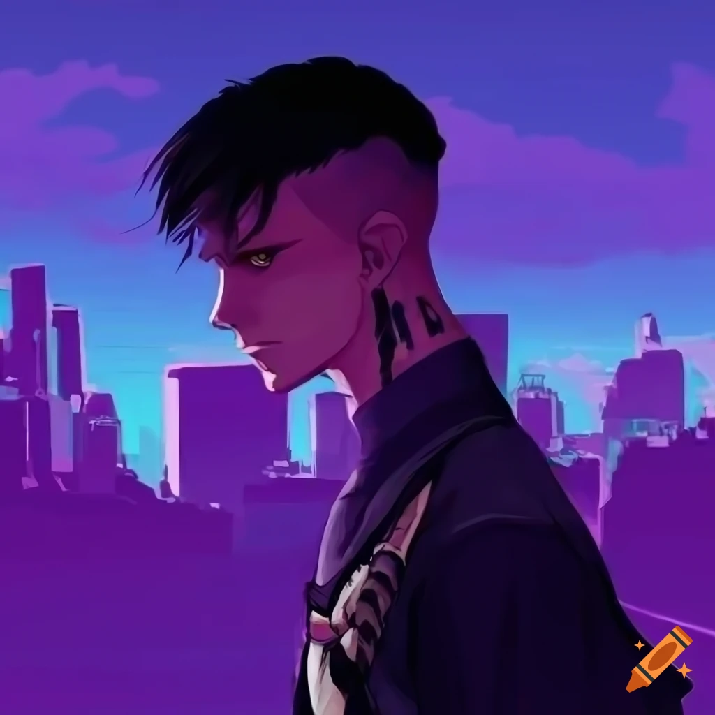 Man with shaved sides, tattoos, and headphones overlooking city in ...