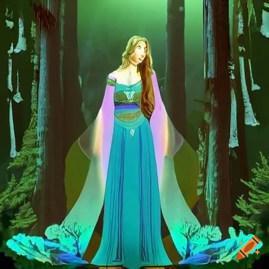 Captivating Slavic enchantress standing in a lush forest by a tranquil ...