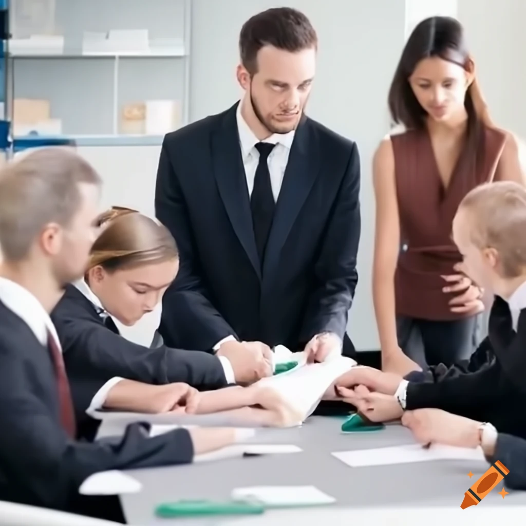 Formally dressed employees receiving training in a meeting room on Craiyon