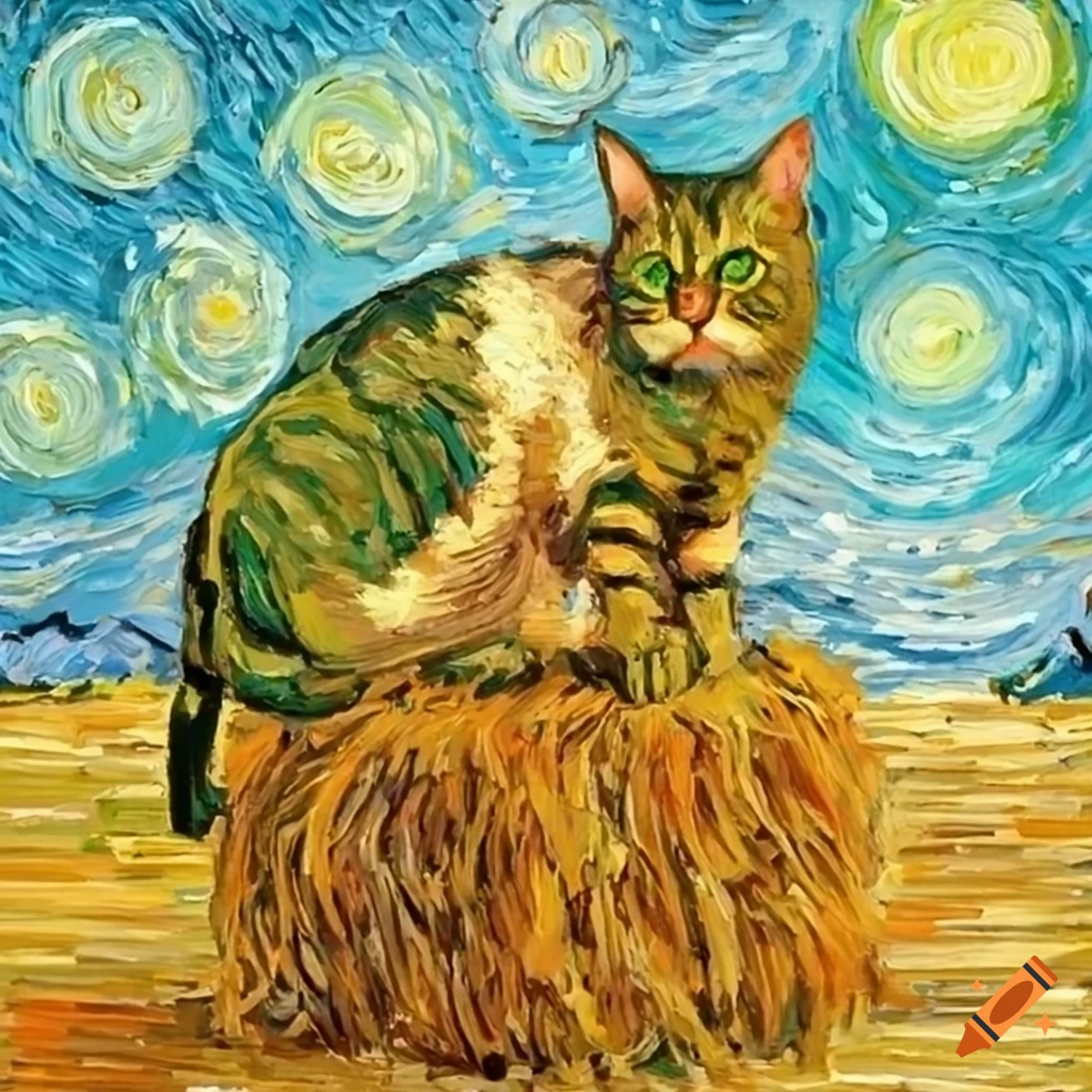 Cat on a haystack in van gogh style oil painting on Craiyon