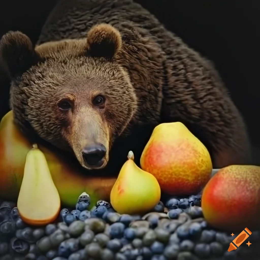 Bear surrounded by pears and blueberries on Craiyon
