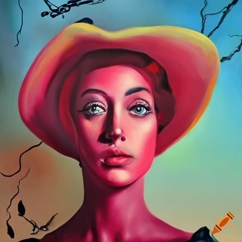 Artistic painting of a woman with a cowboy hat and pink hair in ...