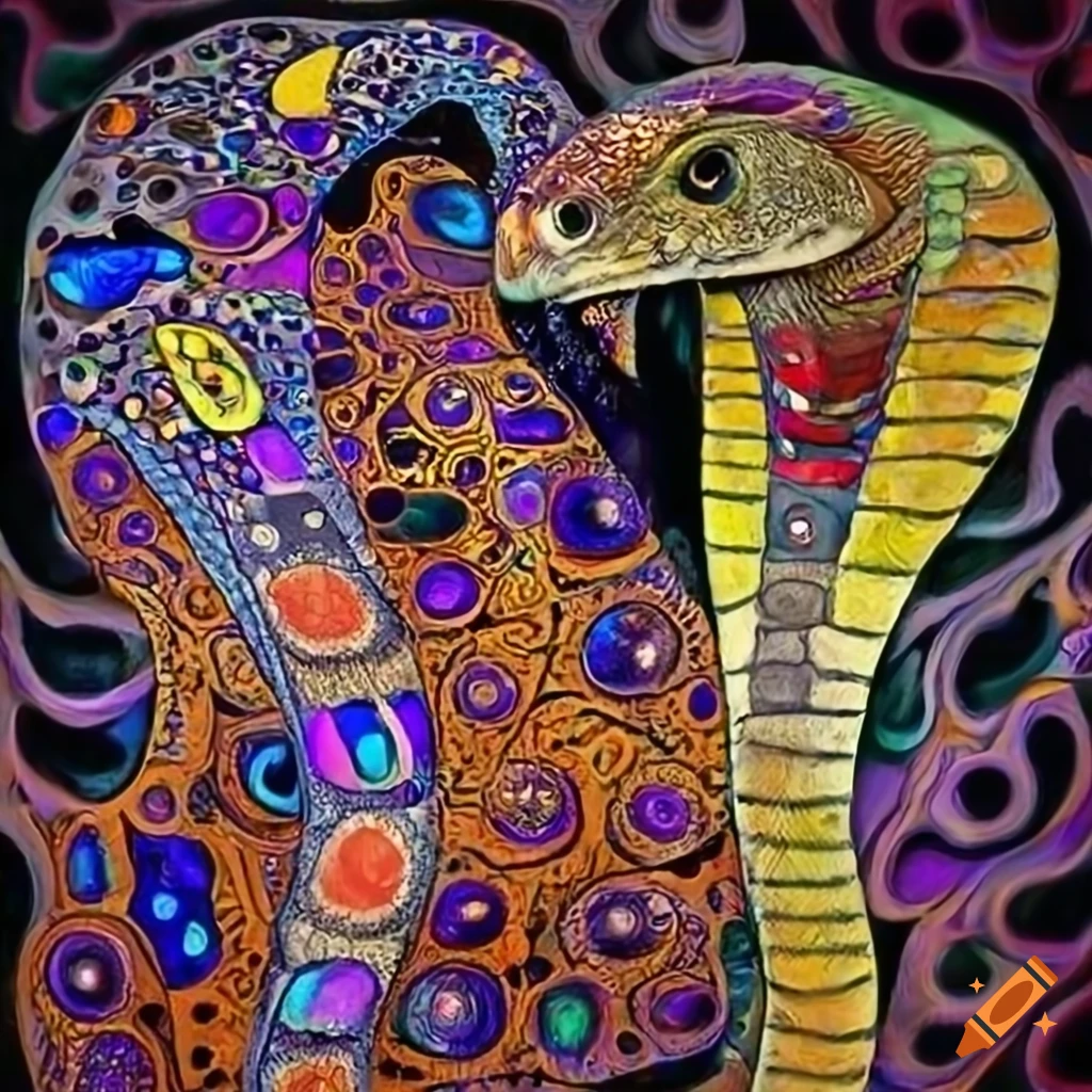 Surrealistic klimt-style cobra in a psychedelic dark cavern on Craiyon