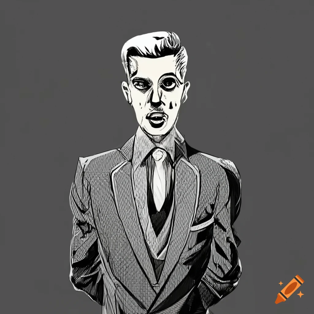 Retro comic book character in black and white suit on Craiyon