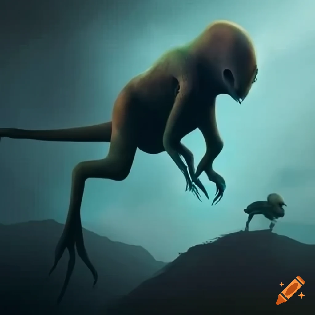 Alien creatures landing on a mountain on Craiyon