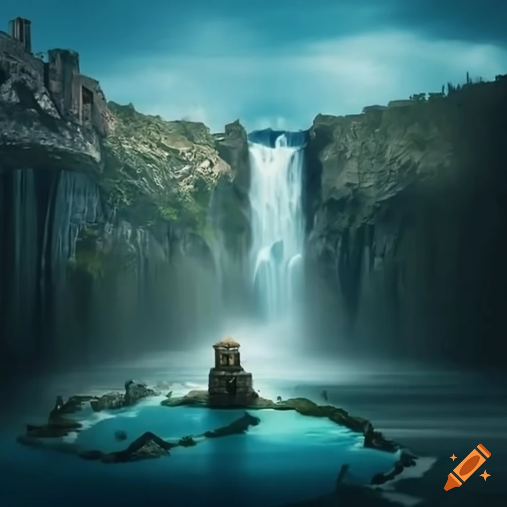 Medieval city built into a cliff near a massive waterfall on Craiyon