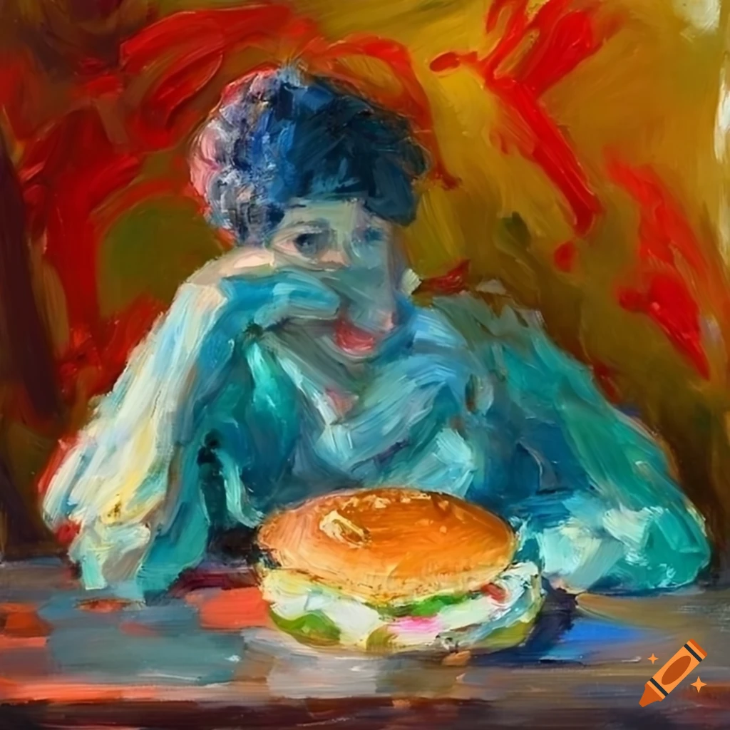 Impressionist oil painting of a person eating a sandwich at a table ...