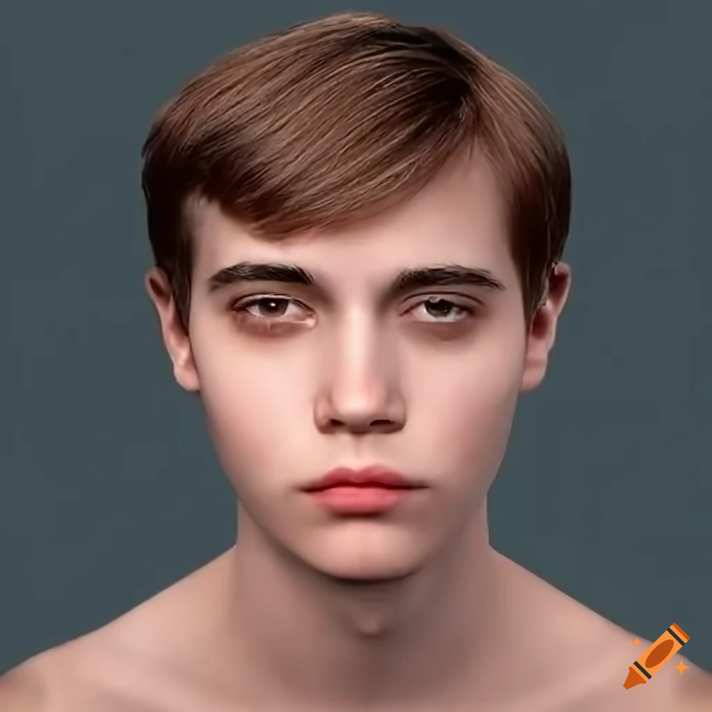 Portrait of a young man with brown hair and distinct facial features on ...