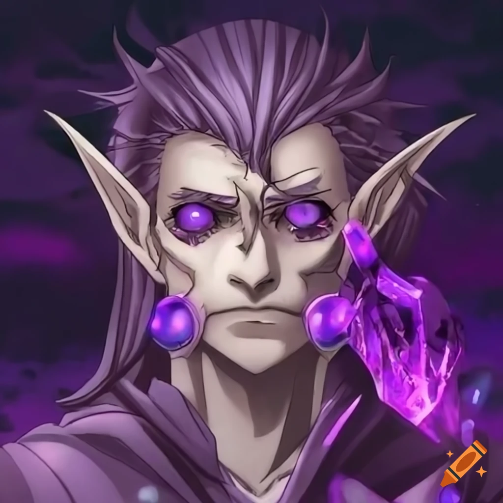 Close-up of an evil woodland elf with a purple crystal encrusting the ...