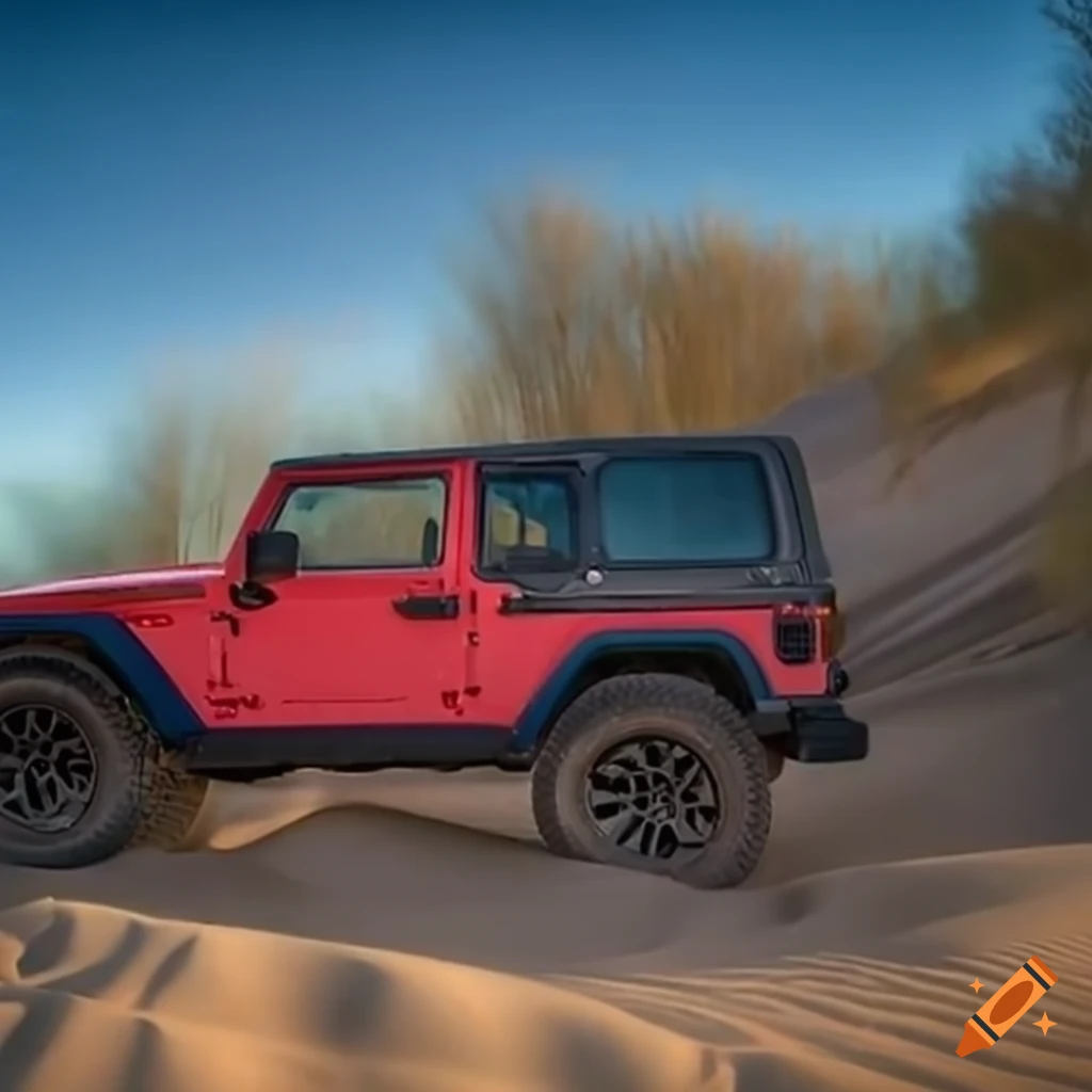 Sleek jeep rubicon on a sandy dune on Craiyon