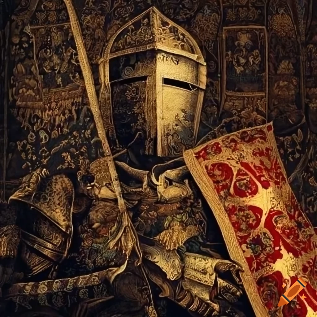 Medieval tapestry featuring a knight on Craiyon
