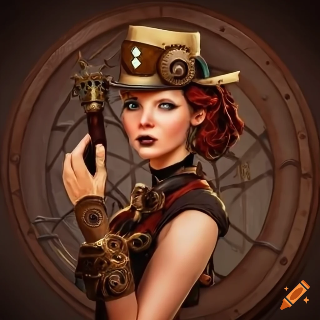Profile of a steampunk woman in a clockwork town street on Craiyon
