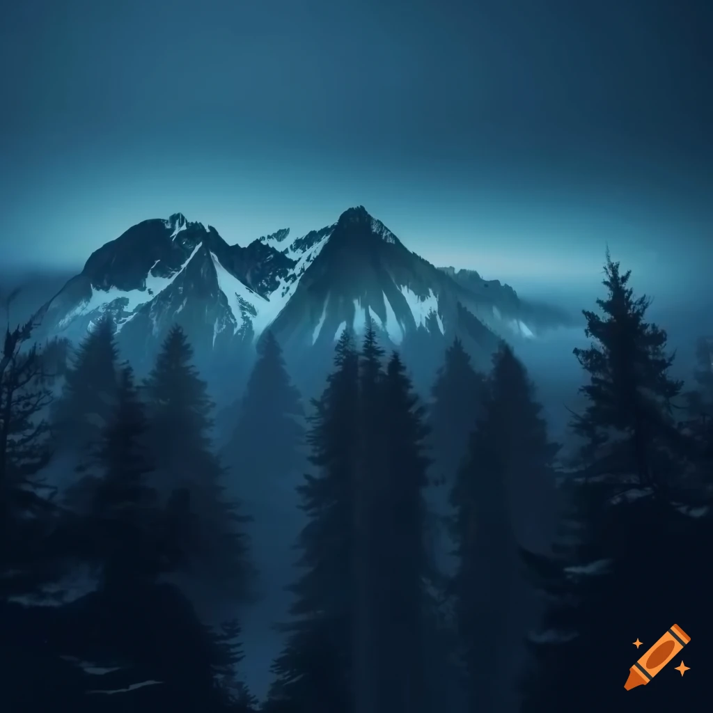 Winter dusk mountain view in a dark forest on Craiyon