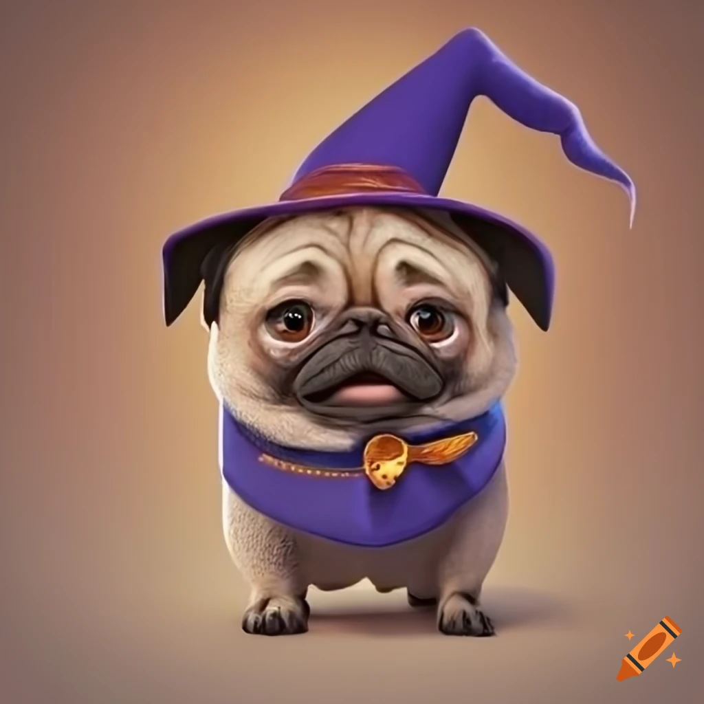 Cute pug wearing a witch costume in Disney Pixar movie poster on Craiyon