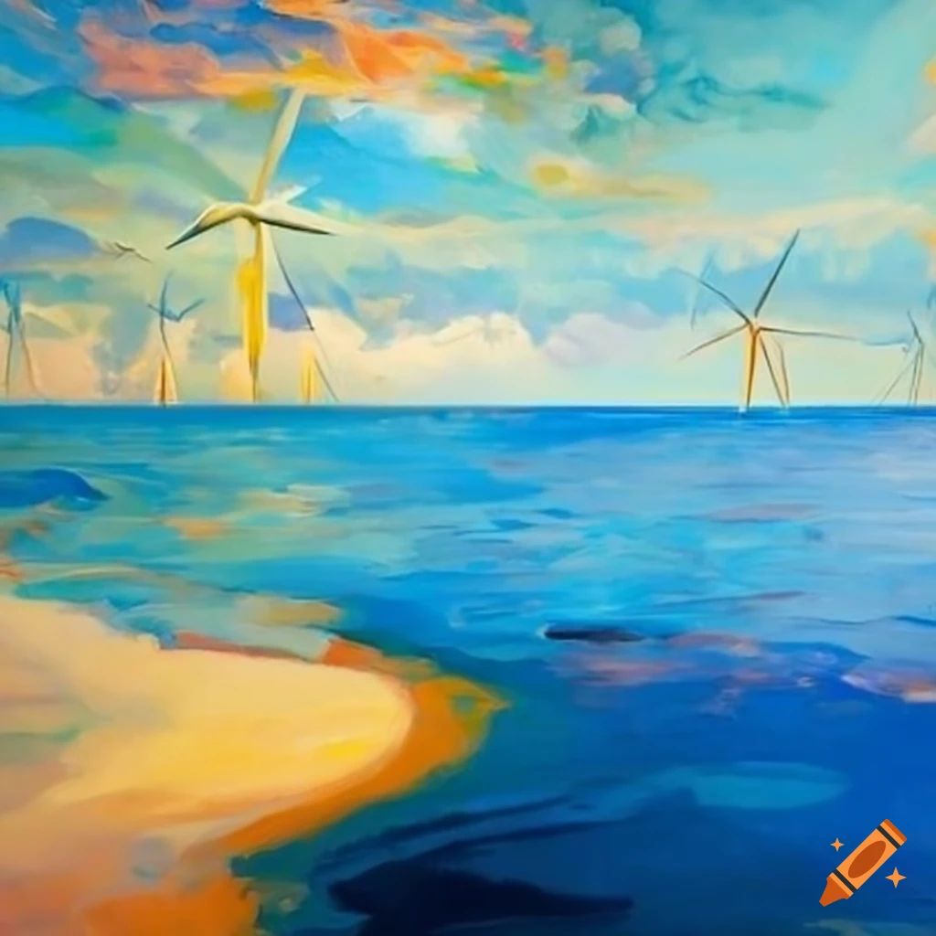 Sorolla's abstract style with offshore wind farms at the beach on Craiyon