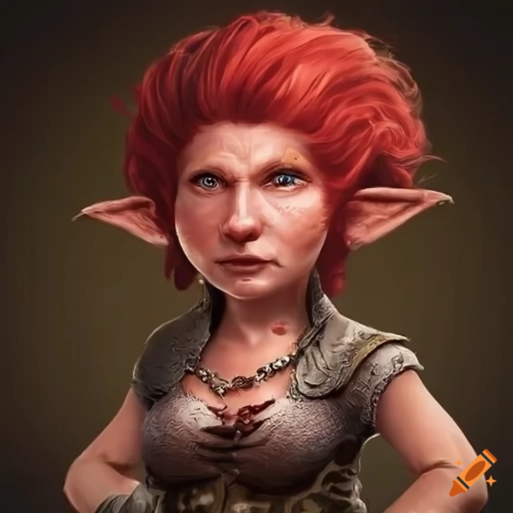 Heroic fantasy depiction of a 50-year-old female gnome with red hair on ...