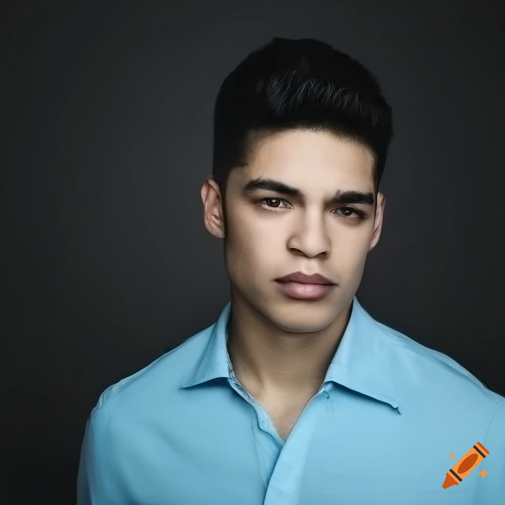 Portrait of a mid twenties latino man in light blue shirt on Craiyon