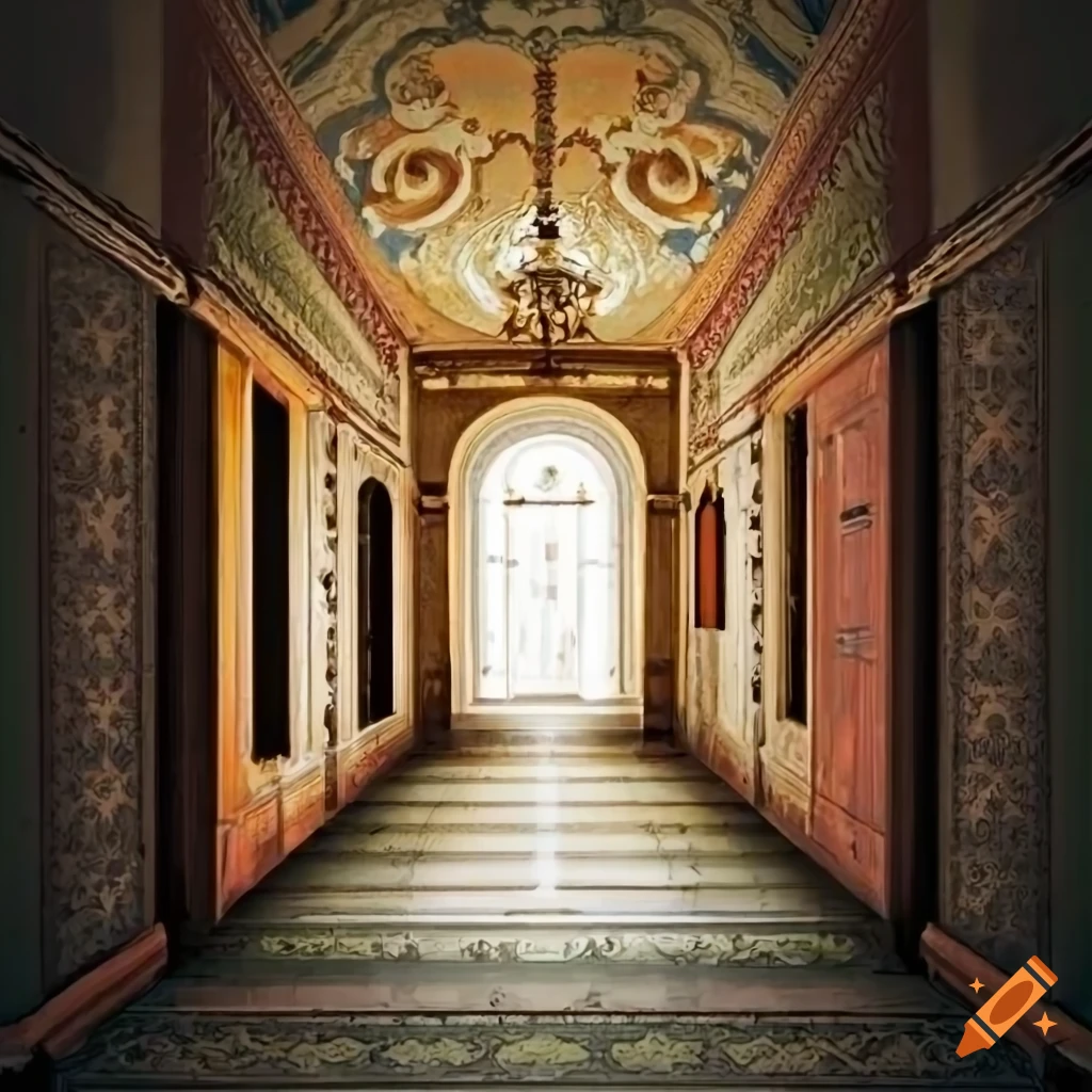 Long hallway in an old villa with multiple doors and staircase on Craiyon