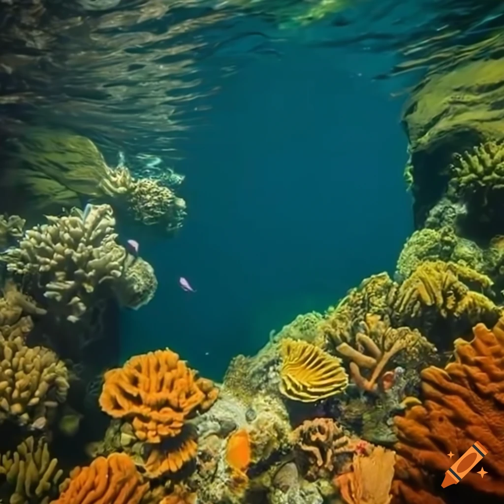 Remote saltwater lake in a lush underwater realm with vibrant fish and ...