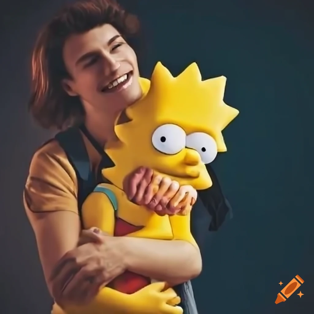Lisa simpson hugging and lifting a friendly young man with a backpack ...