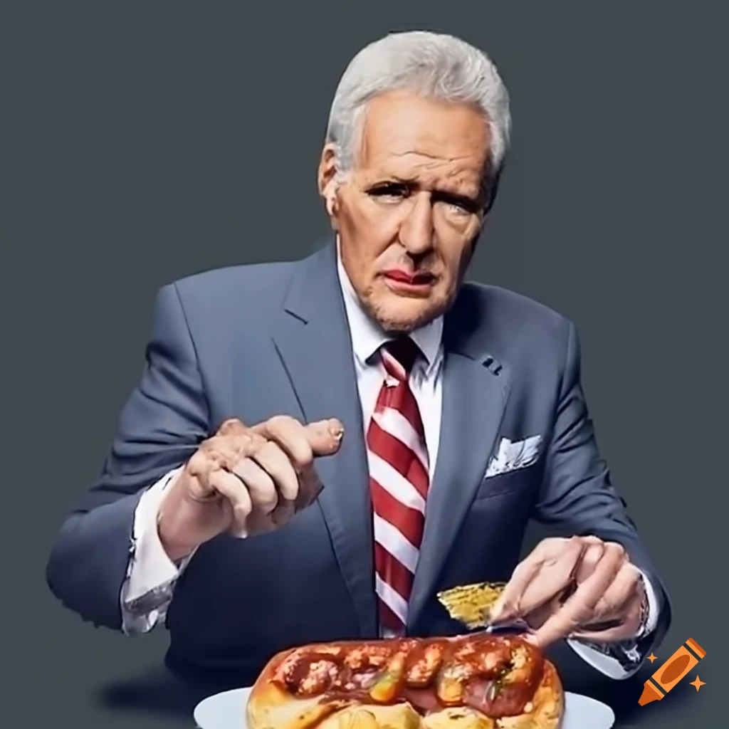 Alex trebek enjoying a chili dog on Craiyon